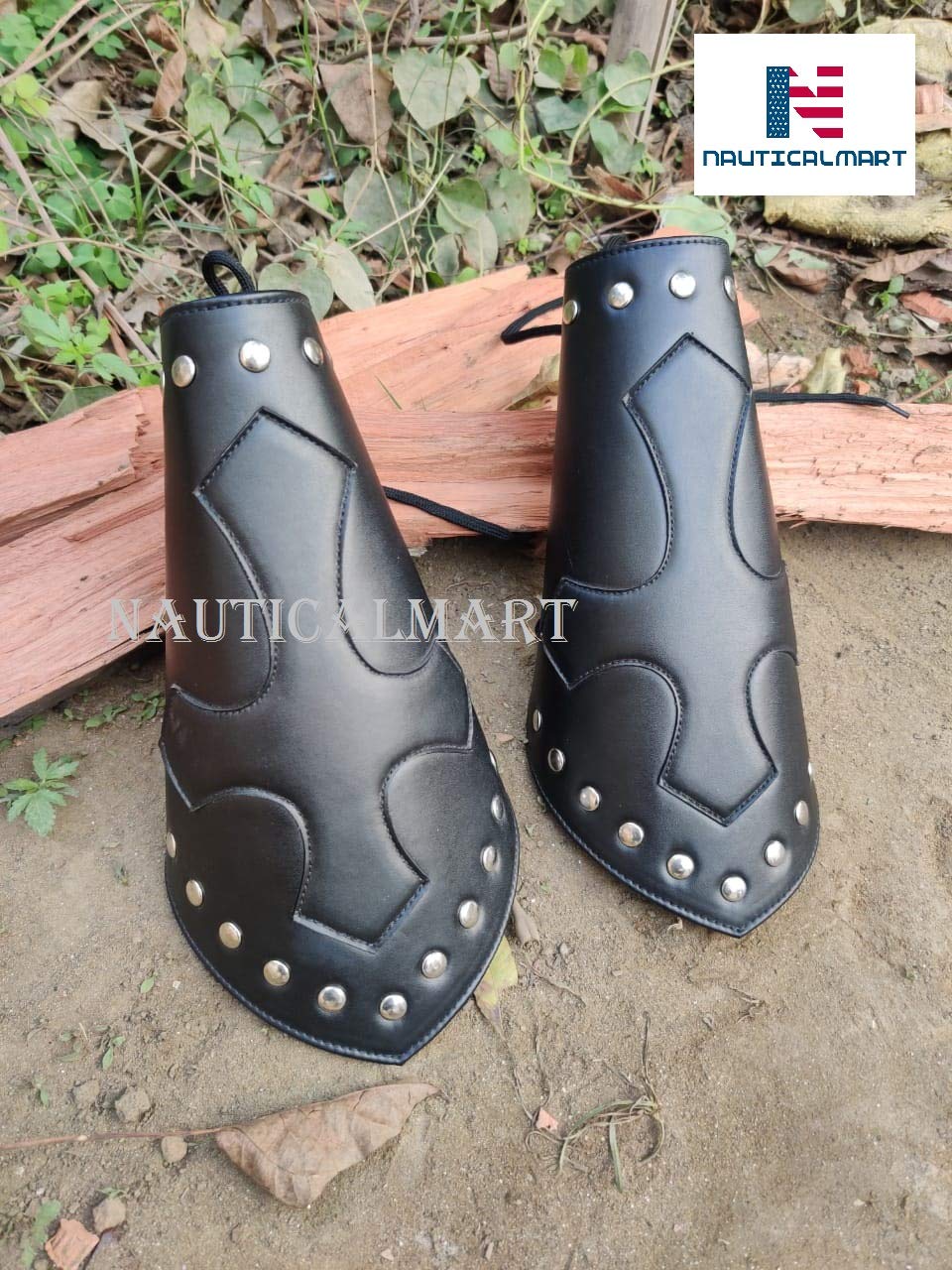 Leather Arm Guards - Medieval Cross Bracers - Black