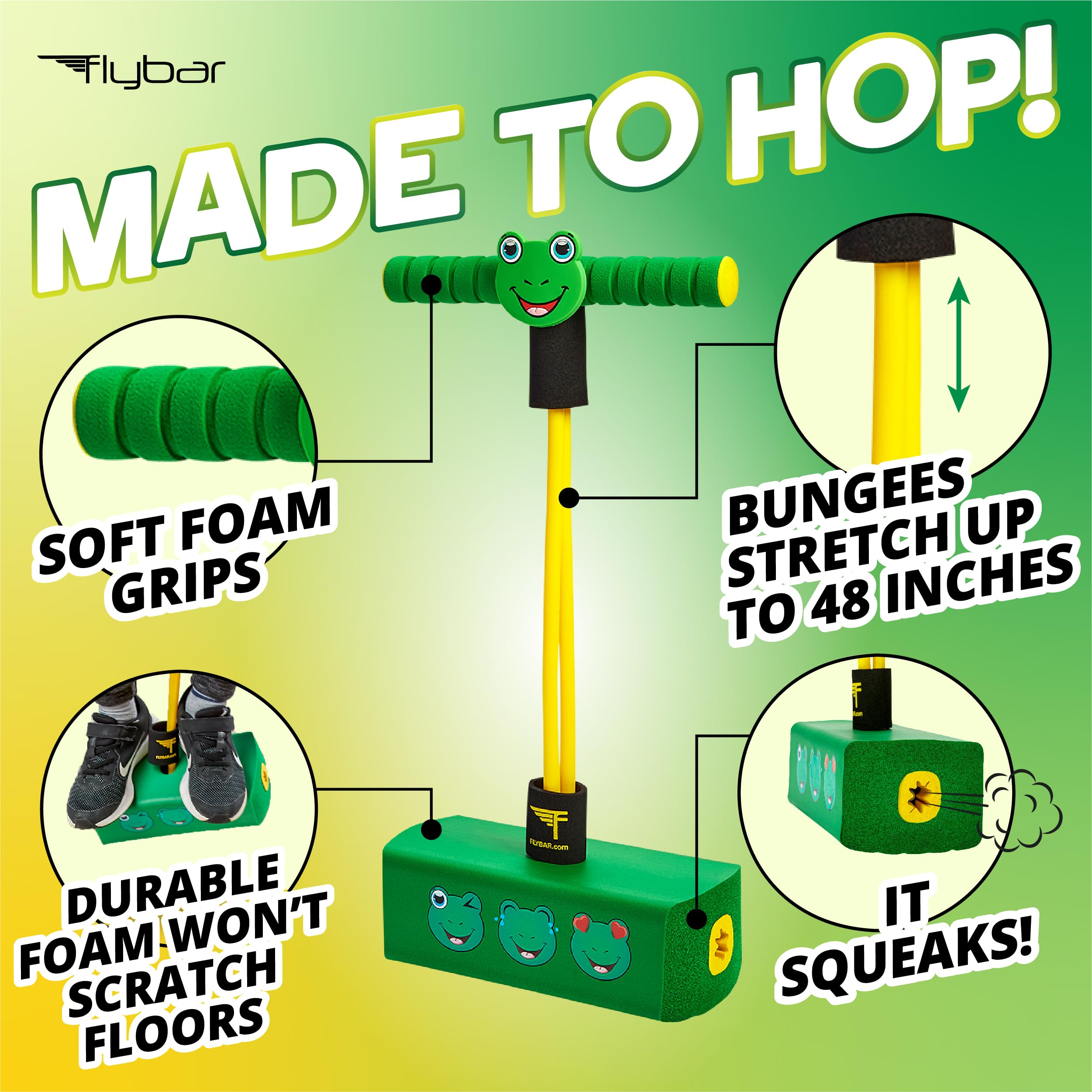 Flybar My First Foam Pogo Jumper for Kids Fun and Safe Pogo Stick for Toddlers, Durable Foam and Bungee Jumper for Ages 3 and up, Supports up to 250lbs (Frog)