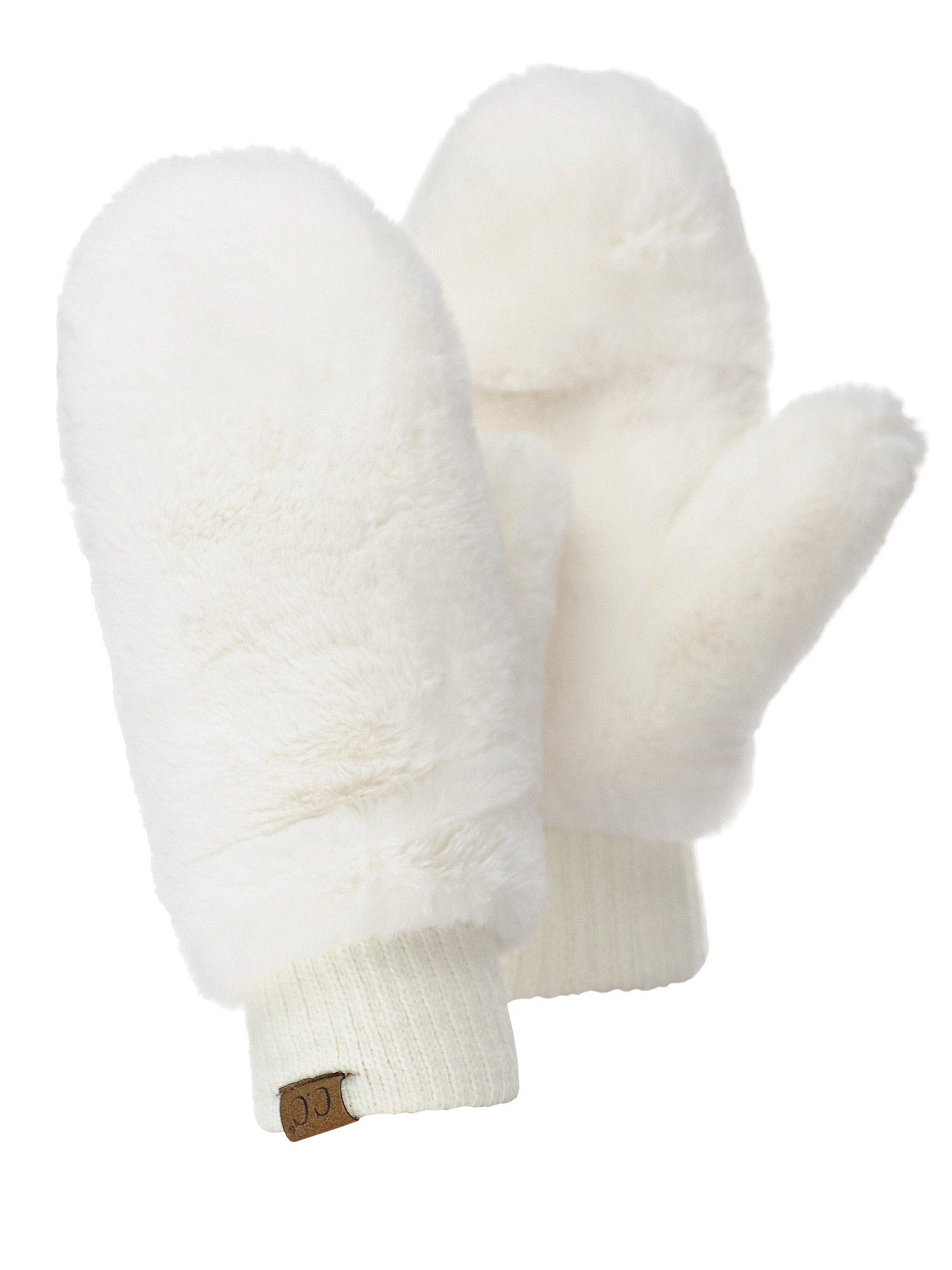 C.C Women's Faux Fur Wrist Length Fingerless Sherpa Lined Convertible Mittens Gloves-Ivory