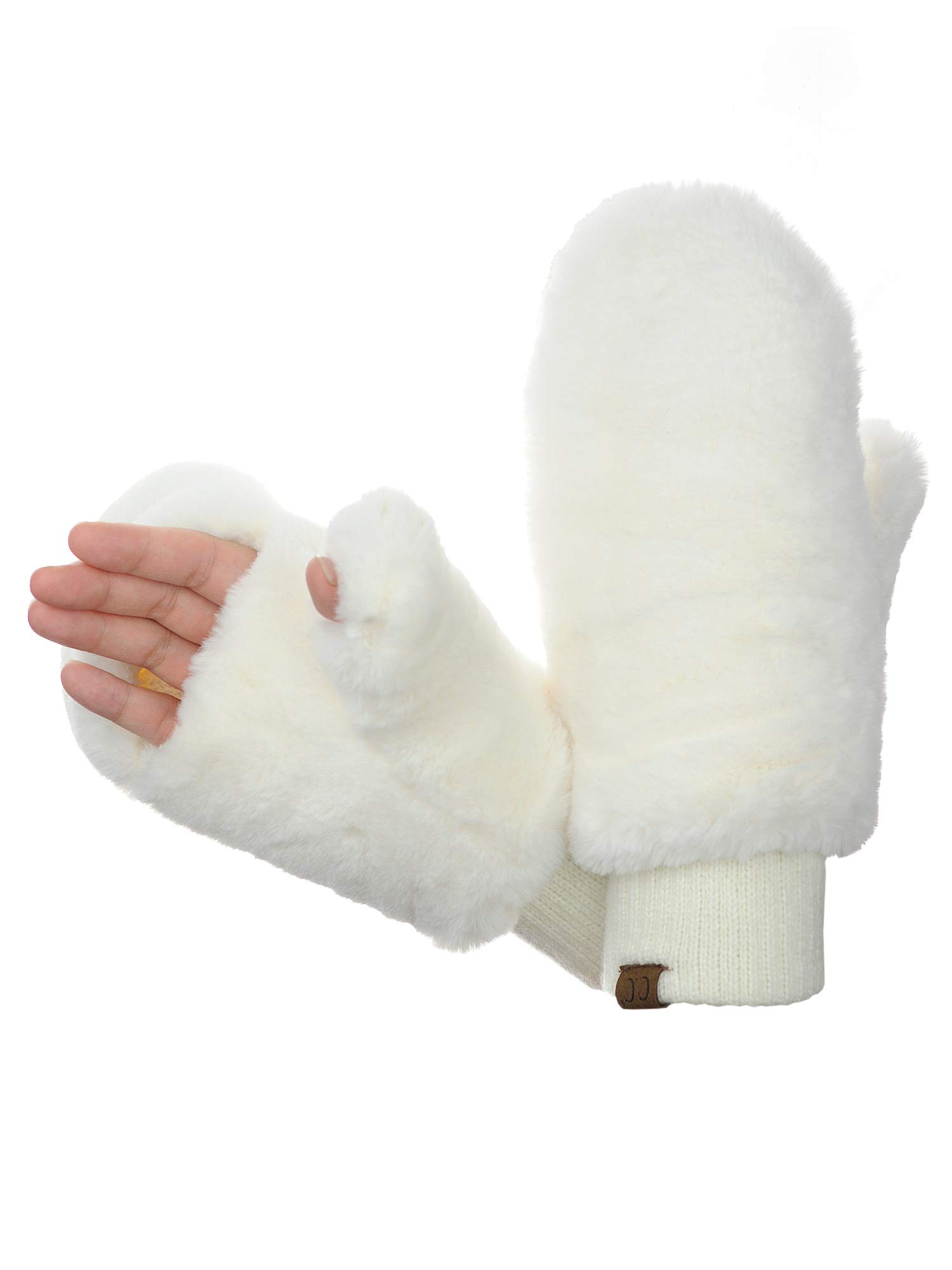 C.C Women's Faux Fur Wrist Length Fingerless Sherpa Lined Convertible Mittens Gloves-Ivory