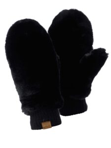 c.c women's faux fur wrist length fingerless sherpa lined convertible mittens gloves-black