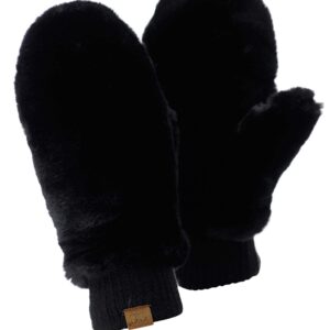 C.C Women's Faux Fur Wrist Length Fingerless Sherpa Lined Convertible Mittens Gloves-Black