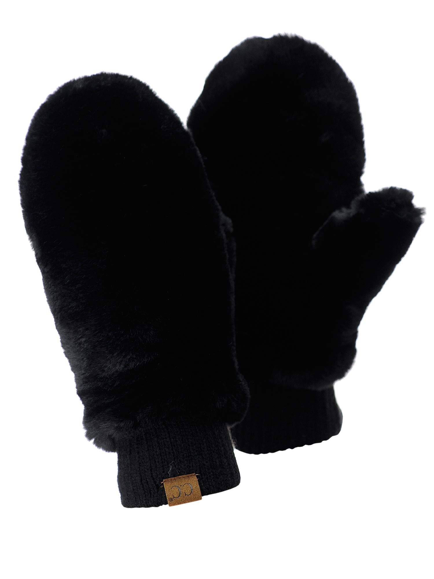 C.C Women's Faux Fur Wrist Length Fingerless Sherpa Lined Convertible Mittens Gloves-Black