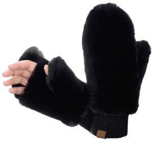 C.C Women's Faux Fur Wrist Length Fingerless Sherpa Lined Convertible Mittens Gloves-Black