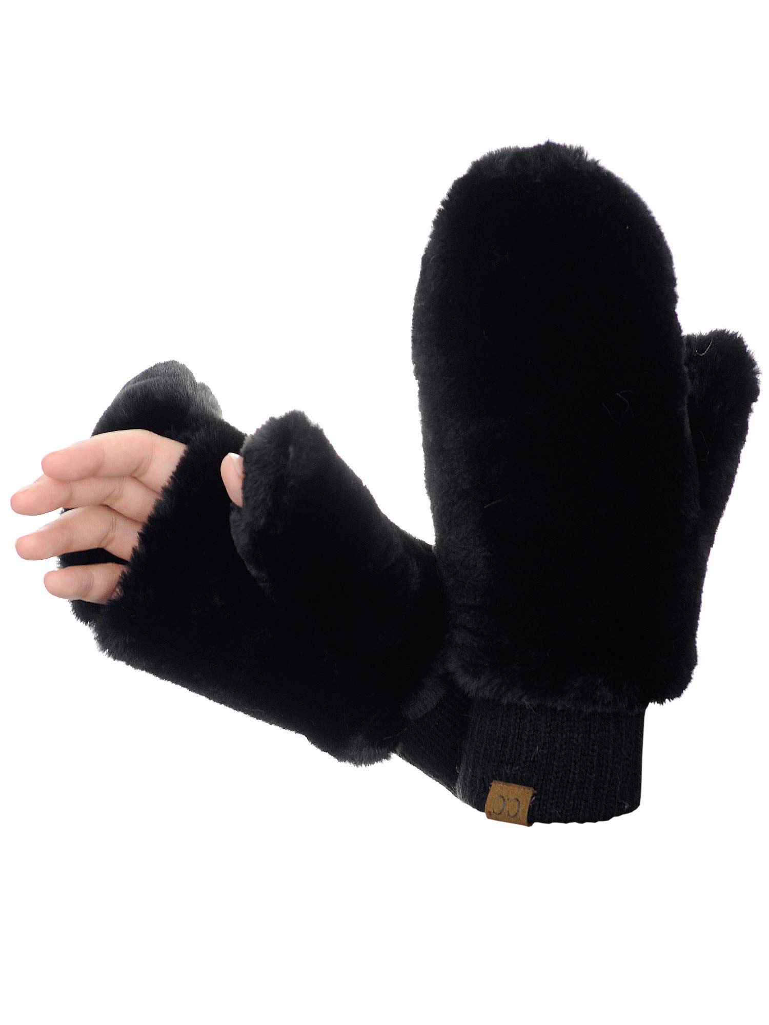 C.C Women's Faux Fur Wrist Length Fingerless Sherpa Lined Convertible Mittens Gloves-Black