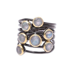 novica artisan handmade gold accented labradorite cocktail ring multistone from india sterling silver modern bohemian [ring front 0.8 in l x 0.7 in w x 0.2 in h band width 8 mm w] ' dewy morn'