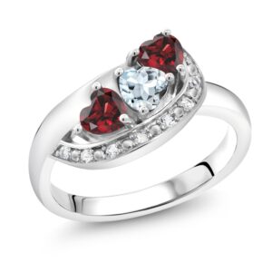 gem stone king 925 sterling silver sky blue aquamarine and red garnet and white created sapphire engagement ring for women (1.00 cttw, gemstone march birthstone, heart shape 4mm, size 6)