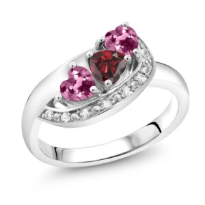 gem stone king 925 sterling silver red garnet and pink tourmaline and white created sapphire engagement ring for women (0.79 cttw, gemstone january birthstone, heart shape 4mm, size 9)