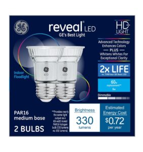 ge reveal 2-pack 60 w equivalent dimmable 3000k color-enhancing par16 led light fixture light bulbs