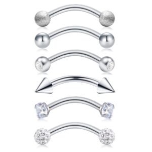 briana williams 6pcs stainless steel silver rook daith earrings belly lip ring eyebrow studs cartilage tragus cubic zirconia barbell body piercing 8mm (5/16")