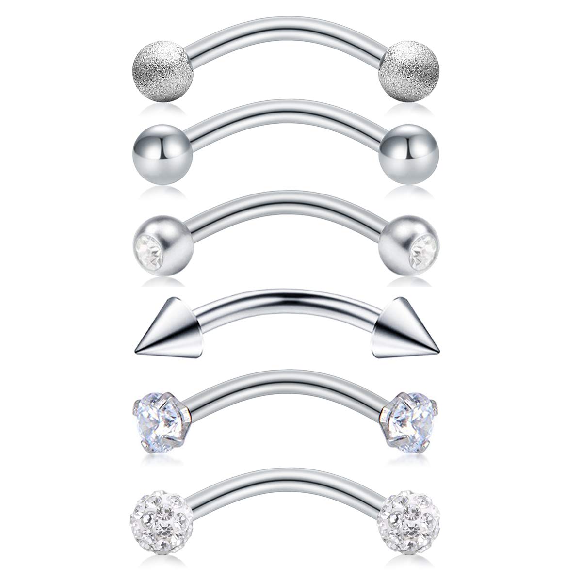 Briana Williams 6pcs Stainless Steel Silver Rook Daith Earrings Belly Lip Ring Eyebrow Studs Cartilage Tragus Cubic Zirconia Barbell Body Piercing 8mm (5/16")