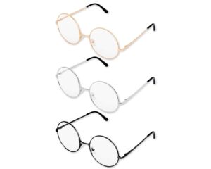 play bling large 2" metal frame round glasses set of 3 clear lens glasses lightweight circle eyeglasses for women men (clear)