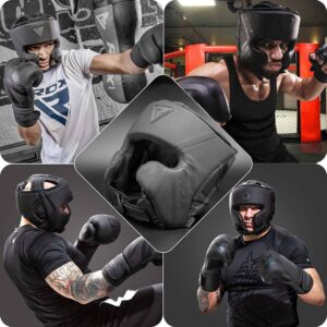 RDX Boxing Headgear Sparring Grappling, Maya Hide Leather, Head Gear for MMA Muay Thai Kickboxing Training, Multi Layered Padding, Taekwondo Martial Arts BJJ Wrestling Karate, Black