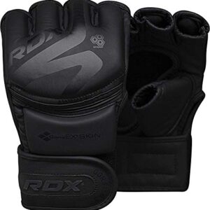 RDX MMA Gloves NOIR, Maya Hide Leather, Ventilated Open D-Cut Palm, Padded Grappling Sparring Mitts, Cage Fighting Kickboxing Mixed Martial Arts Muay Thai Training, Punching Bag Pads Workout, Black