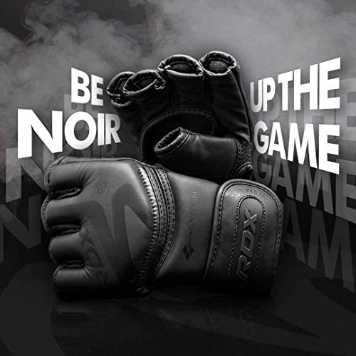 RDX MMA Gloves NOIR, Maya Hide Leather, Ventilated Open D-Cut Palm, Padded Grappling Sparring Mitts, Cage Fighting Kickboxing Mixed Martial Arts Muay Thai Training, Punching Bag Pads Workout, Black