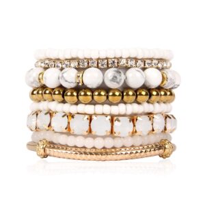 riah fashion multi color stretch beaded stackable bracelets - layering bead strand statement wrap bangles (natural stone - white howlite/gold, 7.0 inches)