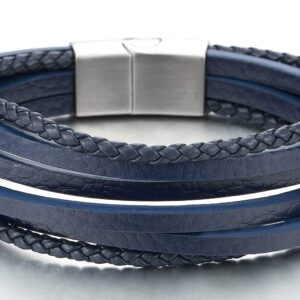 COOLSTEELANDBEYOND Mens Womens Multi-Strand Navy Blue Braided Leather Bracelet Wristband with Steel Magnetic Clasp