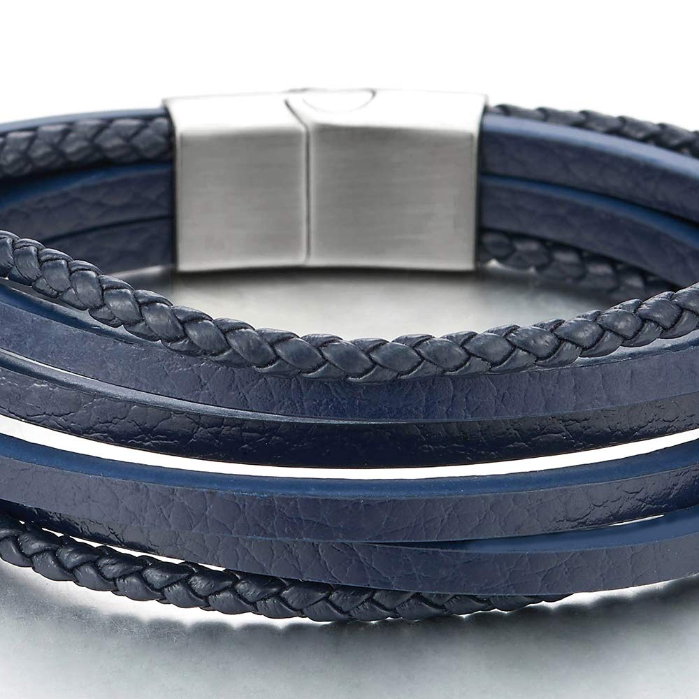 COOLSTEELANDBEYOND Mens Womens Multi-Strand Navy Blue Braided Leather Bracelet Wristband with Steel Magnetic Clasp