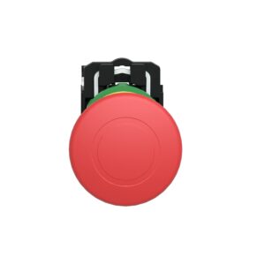 schneider electric xb5at842 emergency stop push button switch for industrial machinery, plastic bezel, fits 22mm diameter cutouts, trigger latching push-pull, 1nc, 40mm red mushroom