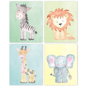 colorful baby lion, elephant, giraffe, zebra prints, 4 (8x10) unframed photos, wall art decor for home office shop studio school nursery lounge student teacher earth green nature safari animals fans