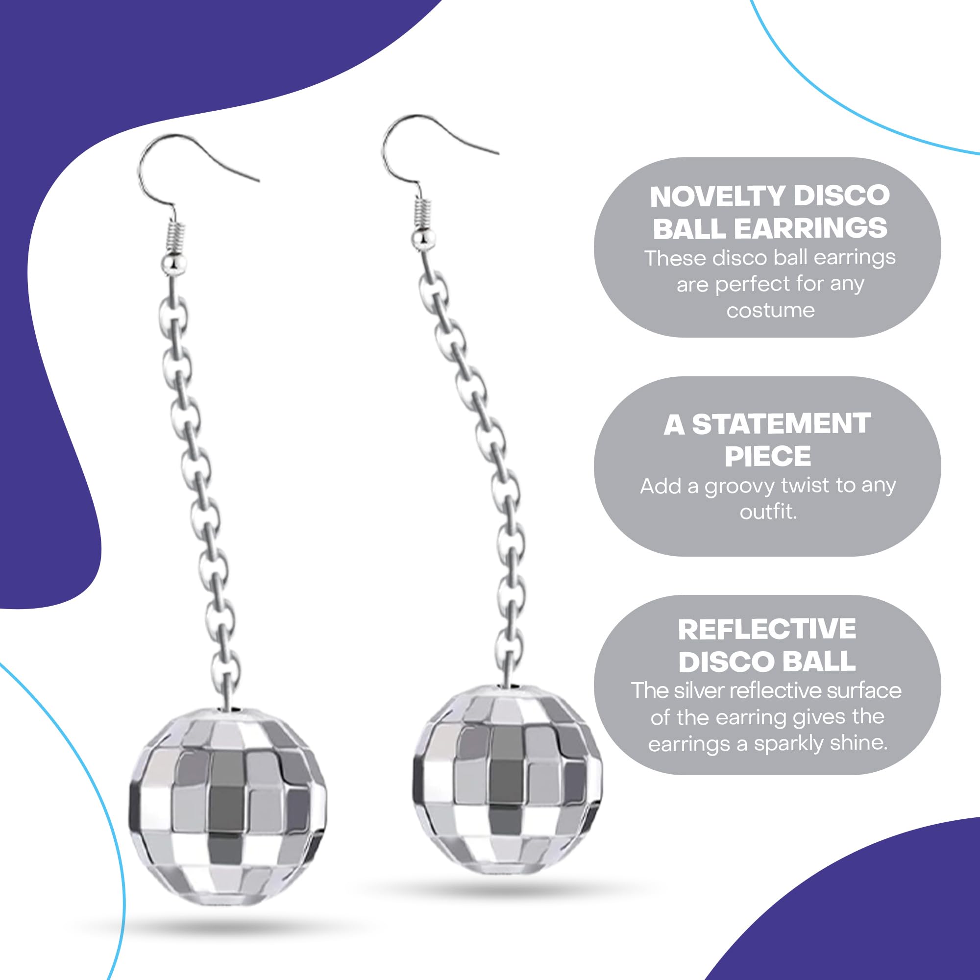 Rave Envy Disco Ball Earrings for Women - 70's Silver Halloween Earrings Women's Costume Accessories