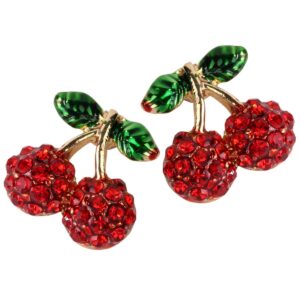 yacq women's cherry stud earrings - ultra light - lead and nickle free - enamel & crystals - cherries de red fruit charm piercing jewelry