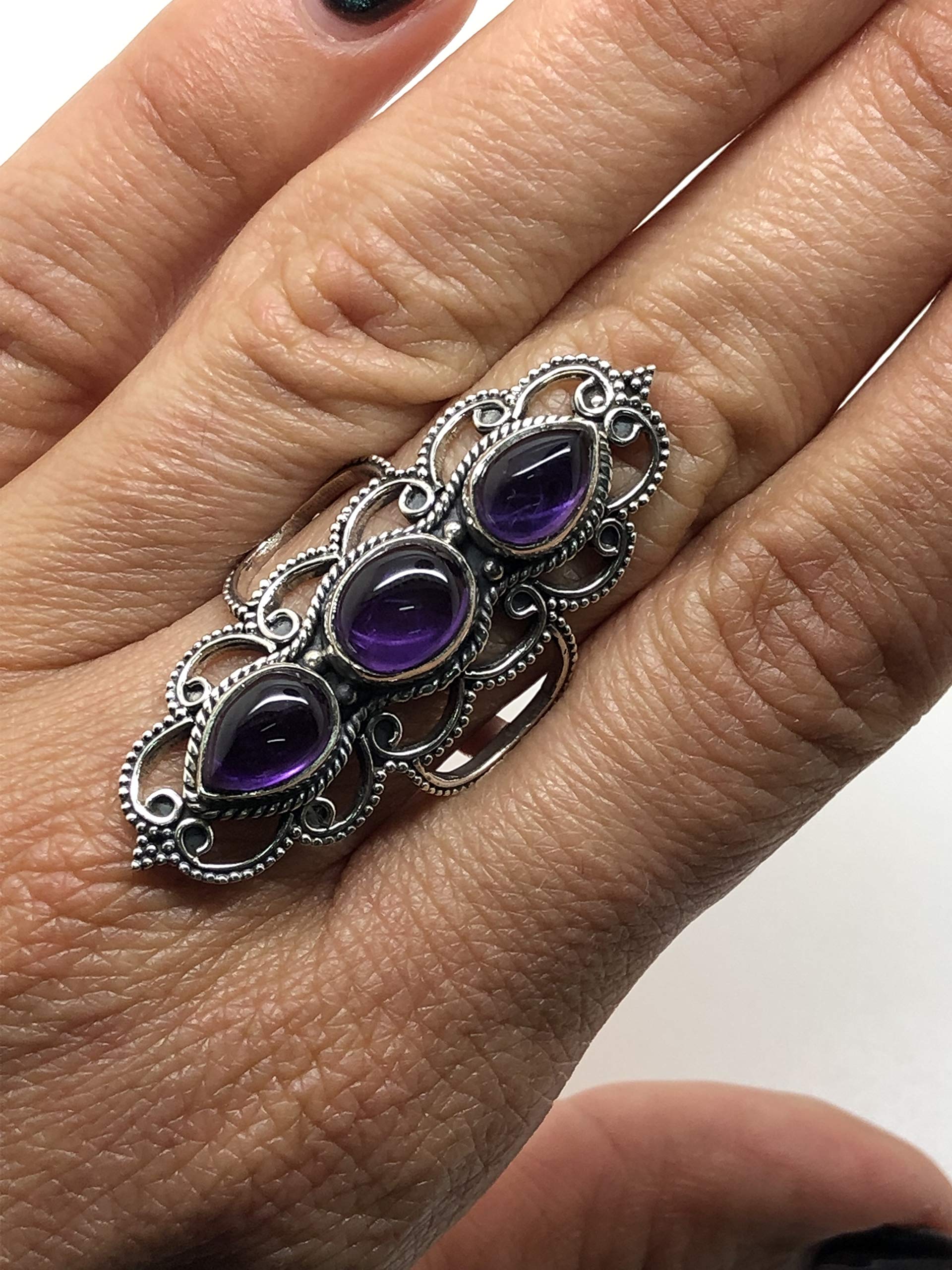 Koral Jewelry Amethyst 3 Stones Ethnic Vintge Gipsy Multi Stone Ring 925 Sterling Silver Vintage Tribal Gipsy Boho Chic (7)