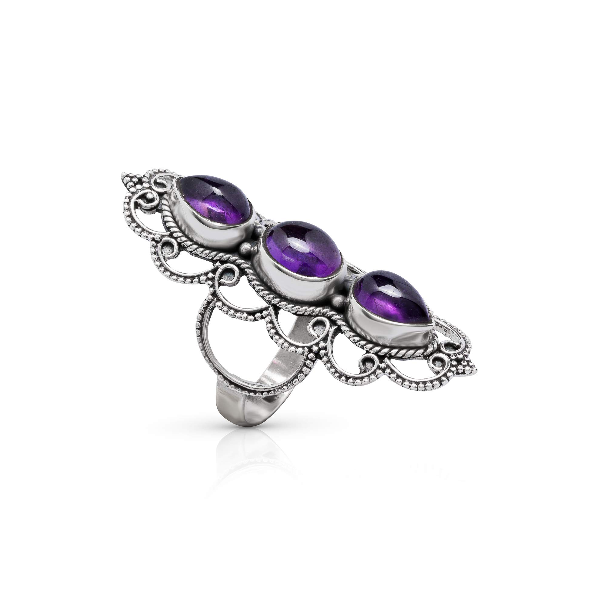 Koral Jewelry Amethyst 3 Stones Ethnic Vintge Gipsy Multi Stone Ring 925 Sterling Silver Vintage Tribal Gipsy Boho Chic (7)