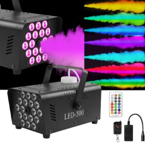 upstartech 500w fog machine with 13 colorful lights effect and18 led light, portable smoke machine 2000cfm fog with 2 wireless remote control, automatic outdoor fog machine parties wedding halloween