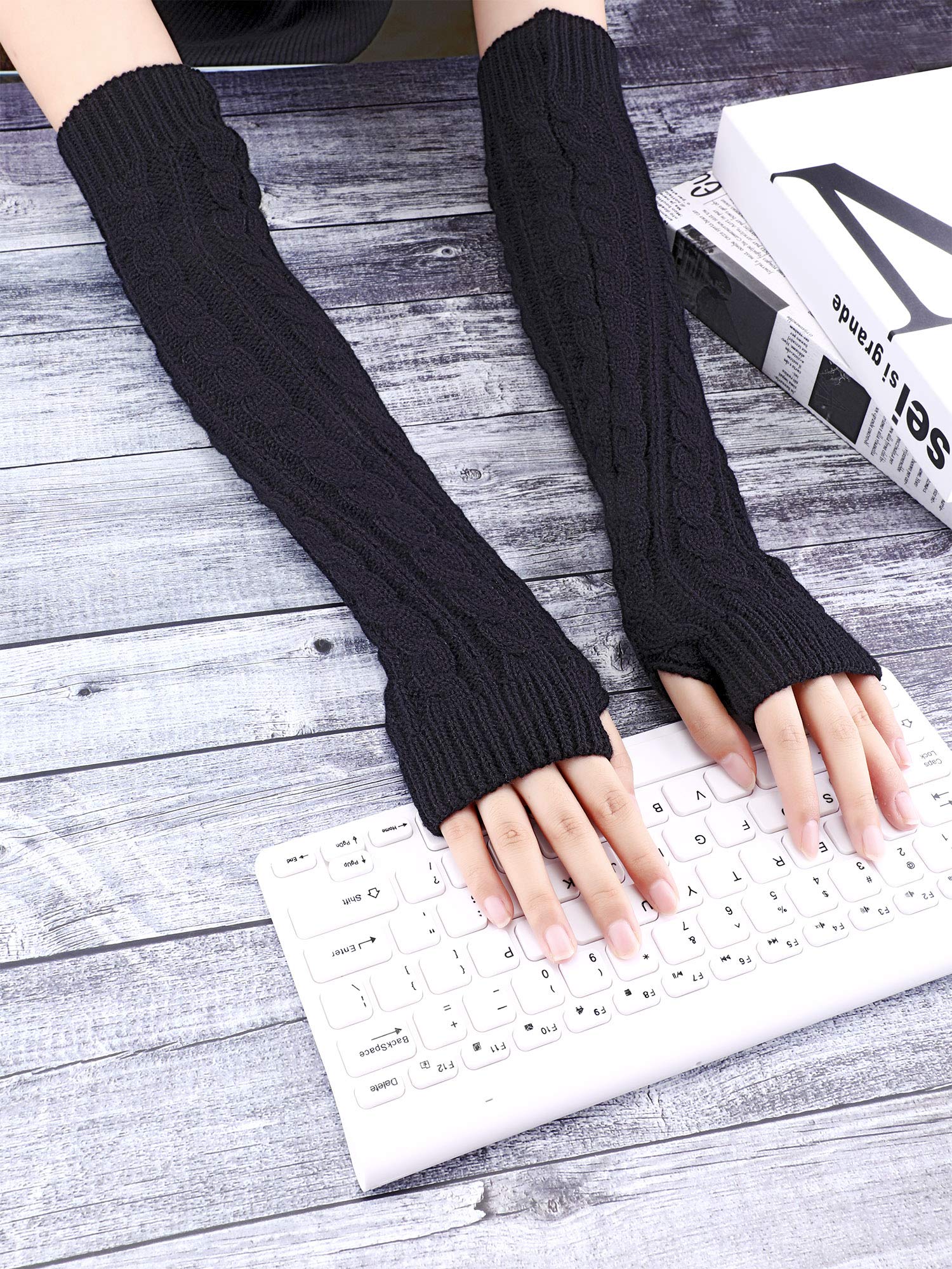 Bememo 3 Pairs Arm Warmers Long Fingerless Gloves Knit Wrist Warmers with Thumb Hole Open Finger Arm Socks for Women Adult(Black, White, Dark Gray)