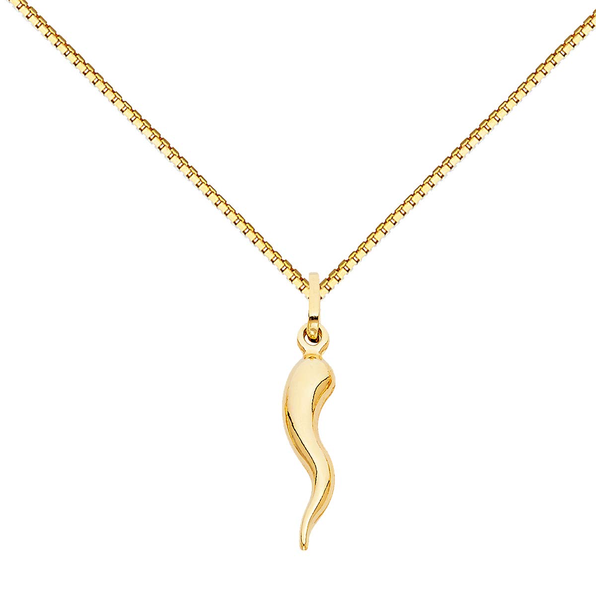 TGDJ 14k Yellow Gold Italian Horn Charm Pendant - 23 x 8 MM Good Luck Pendant with 0.65mm Box Link Chain - Suitable for Men and Women