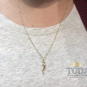 TGDJ 14k Yellow Gold Italian Horn Charm Pendant - 23 x 8 MM Good Luck Pendant with 0.65mm Box Link Chain - Suitable for Men and Women