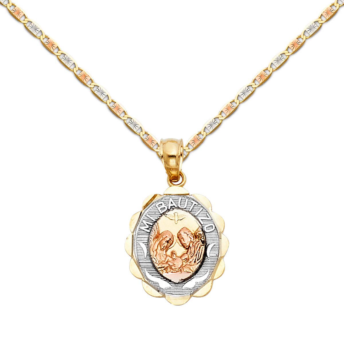 TGDJ 14k Tri-color Gold Religious Baptism Pendant with 1.5mm Valentino Diamond Cut Chain Necklace (16.0)