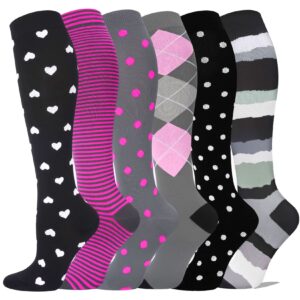 hi clasmix 6 pairs graduated pink compression socks for women&men circulation 20-30mmhg knee high sock(multicoloured, s/m)