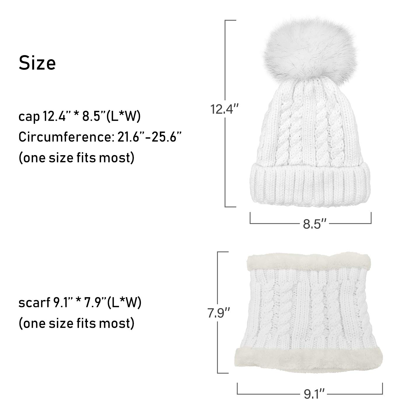 LCZTN Women Pom Beanie Hat Scarf Set Girls Cute Winter Ski Hat Slouchy Knit Skull Cap with Fleece Lined