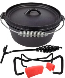 pre-seasoned cast iron camp dutch oven, 4.1 qt, including lid lifter, lid stand and silicone handle holders