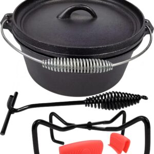 Pre-Seasoned Cast Iron Camp Dutch Oven, 4.1 qt, including Lid Lifter, Lid Stand and Silicone Handle Holders