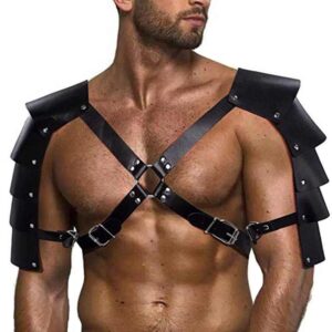 men's black faux leather body chest harness adjustable shoulder armors buckles steampunk medieval gothic knight armor