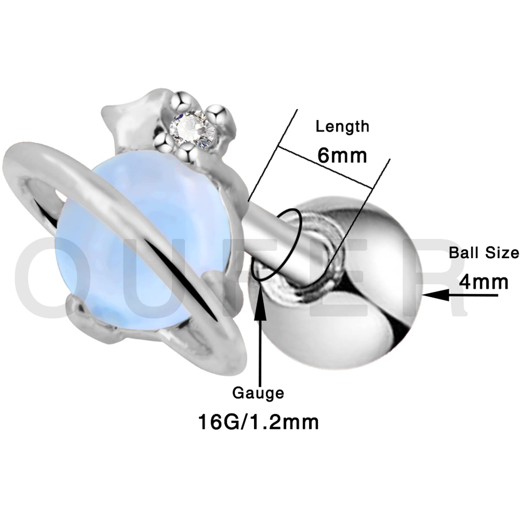 OUFER 16G Stainless Steel Cartilage Earring Air Blue Opal Stone Saturn Helix Earring