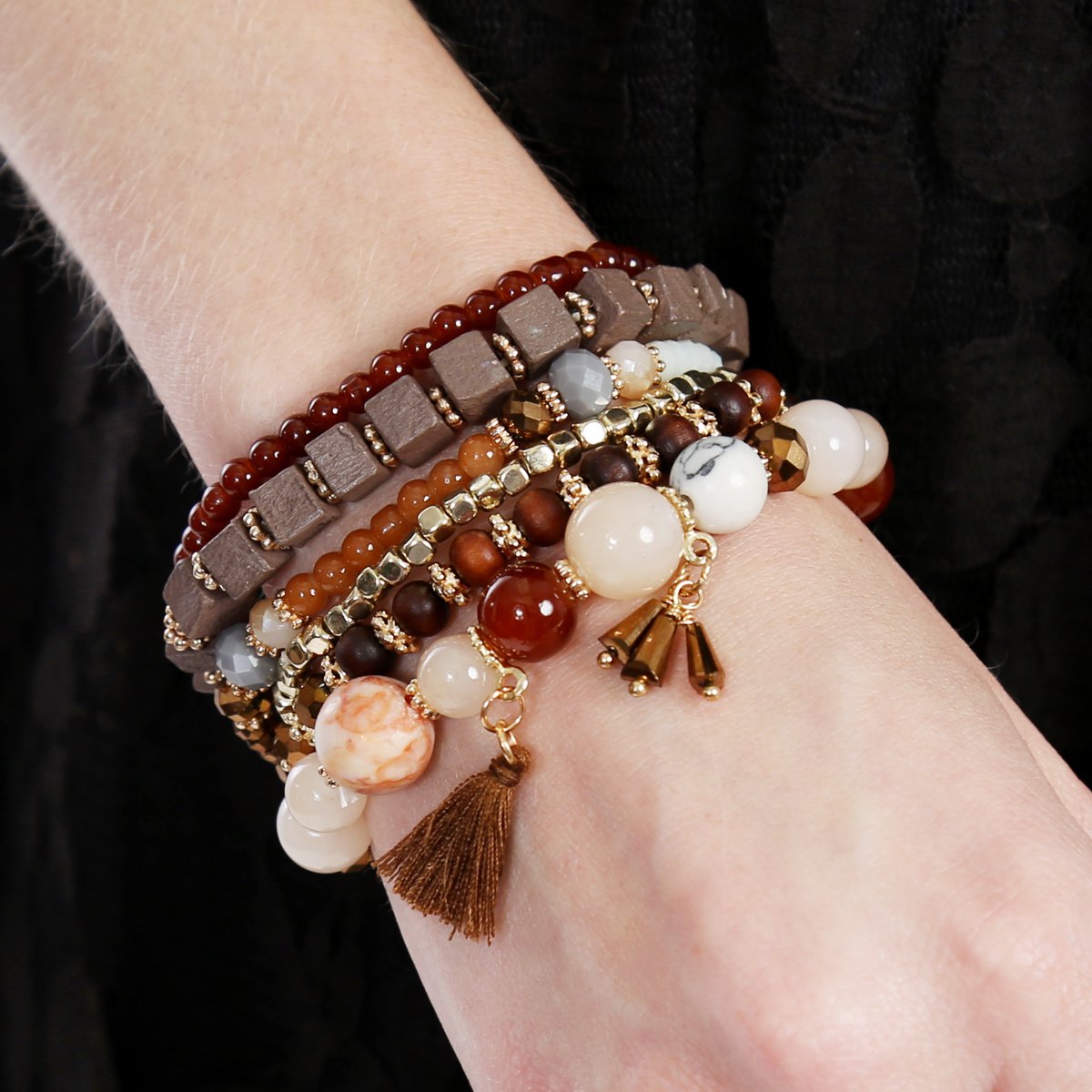 RIAH FASHION Multi Layer Versatile Statement Bracelets - Stackable Beaded Strand Stretch Bangles Sparkly Crystal, Wood Bead, Tassel Charm (Cubic Wood & Tassel - Brown)