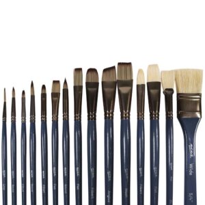 mont marte premium paint brush set 15 piece, includes 15 different brushes in a roll case with magnetic closure, suitable for watercolour, acrylic and oil painting