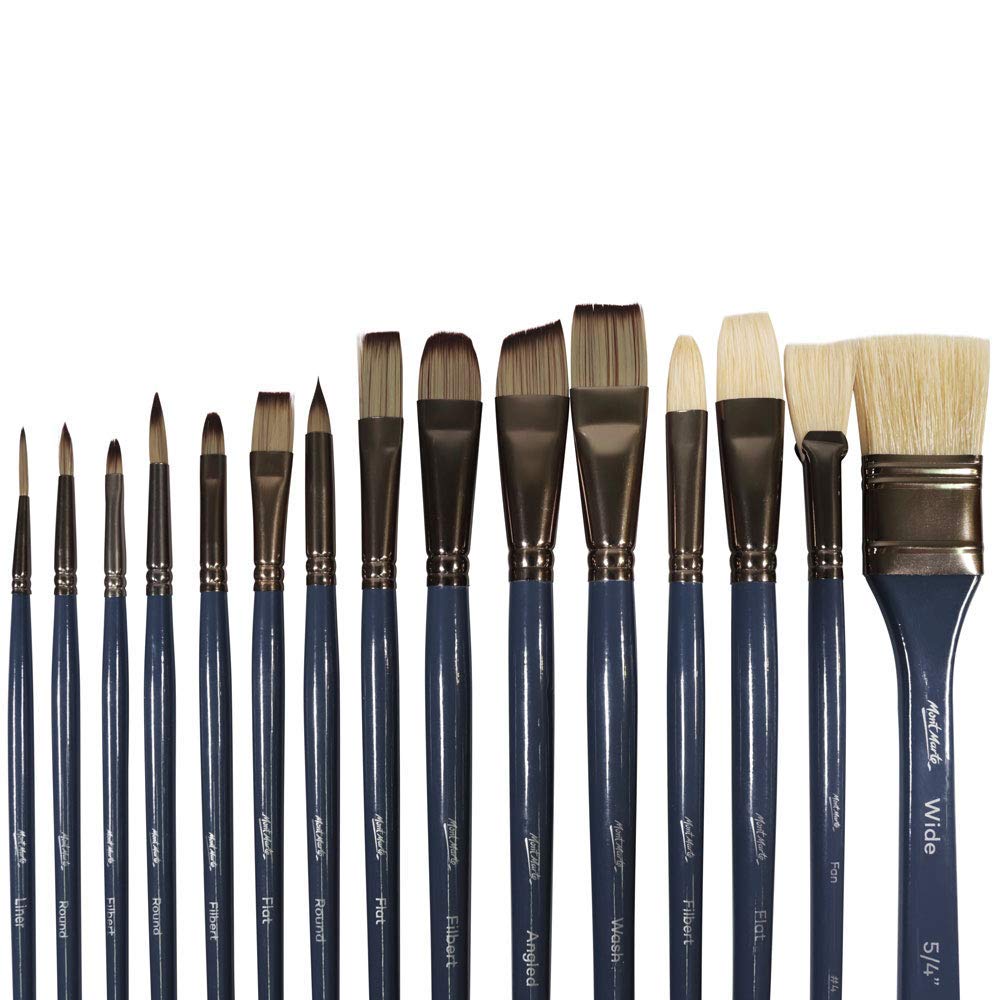 Mont Marte Premium Paint Brush Set 15 Piece, includes 15 Different Brushes in a Roll Case with Magnetic Closure, Suitable for Watercolour, Acrylic and Oil Painting