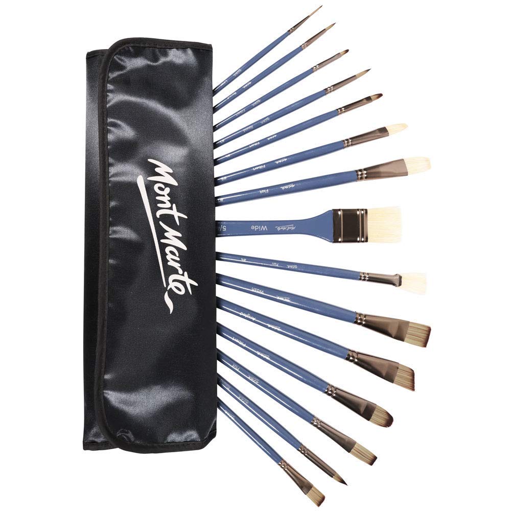 Mont Marte Premium Paint Brush Set 15 Piece, includes 15 Different Brushes in a Roll Case with Magnetic Closure, Suitable for Watercolour, Acrylic and Oil Painting