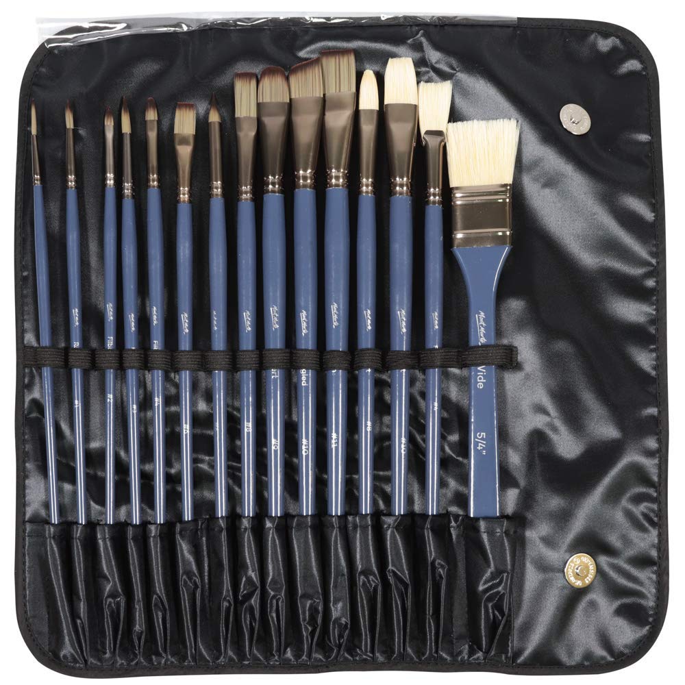 Mont Marte Premium Paint Brush Set 15 Piece, includes 15 Different Brushes in a Roll Case with Magnetic Closure, Suitable for Watercolour, Acrylic and Oil Painting