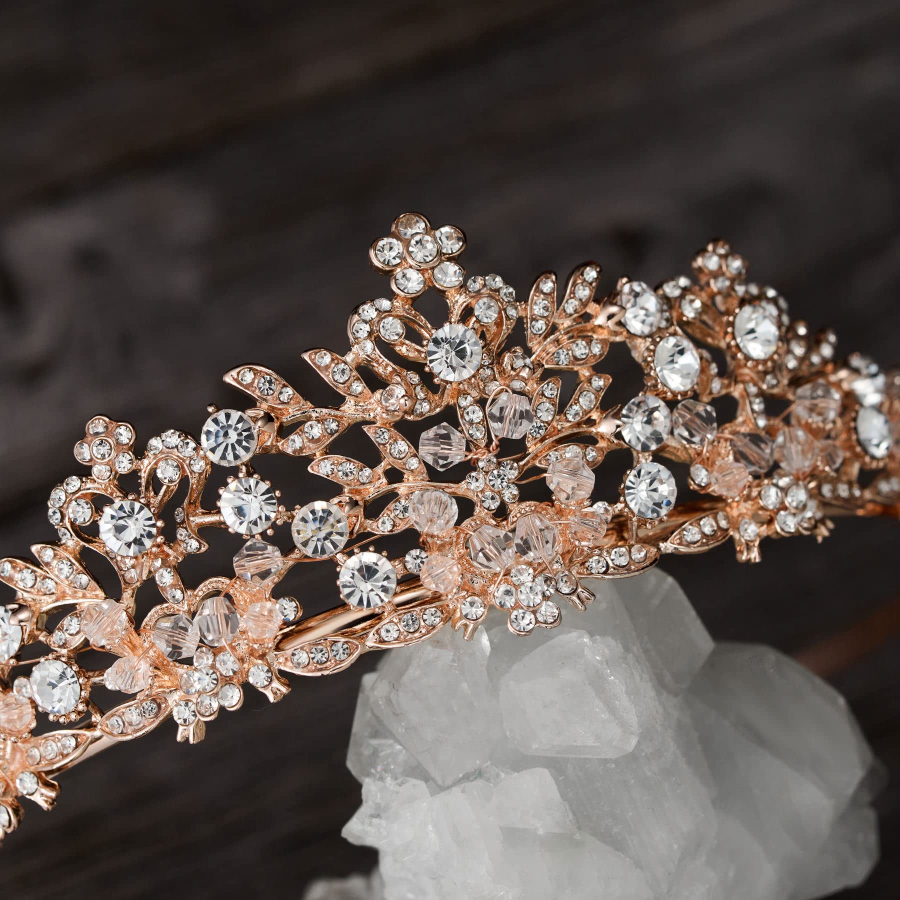 SWEETV Rose Gold Wedding Tiara for Women and Girls - Pageant Tiara Headband, Rhinestone Bridal Crown for Brides