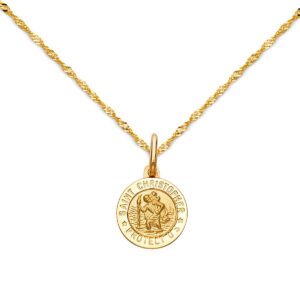 tgdj 14k yellow gold religious saint christopher medal pendant with 1.2mm singapore chain necklace (20.0)