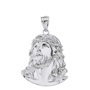 solid 14k white gold jesus head face charm religious pendant, 0.92"