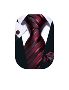 barry.wang stripe men ties set classic woven necktie with handkerchief cufflinks formal black red