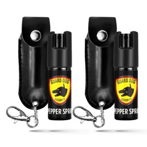 Guard Dog Security Pepper Spray Keychain for Self Defense with Small Leather Pepper Spray Case, OC Spray, 16 Feet Longer Range, UV Dye, Twist Top Safety, Lobster Clap (Black/Black 2-Pack)