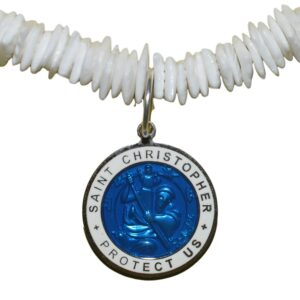 native treasure 16" inch mens and womens original st. christopher blue and white medal, white clam chips ark shell tropical jewelry summer beach surfer necklace from the philippines